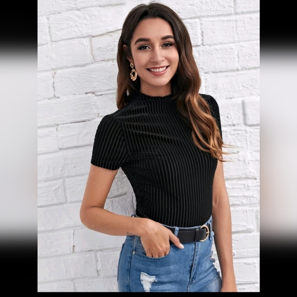 SHEIN | Tops | New High Frill Neck Ribbed Velvet Top | Poshmark